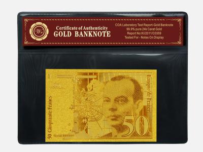 China Cédula dobro do ouro do franco 24K de França 50 do logotipo na folha de ouro 24K para a coleção à venda