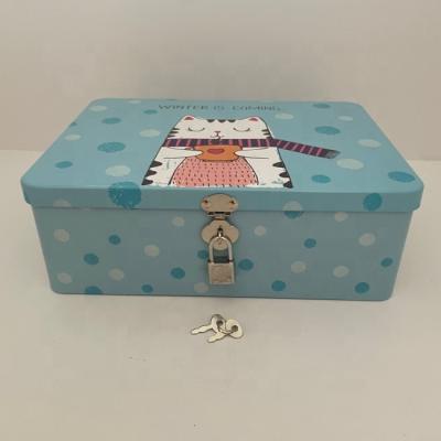 China Blue Rectangle Gift Box Tin Lock Key L240*W175*H85mm Metal For Cookie Cosmetic for sale