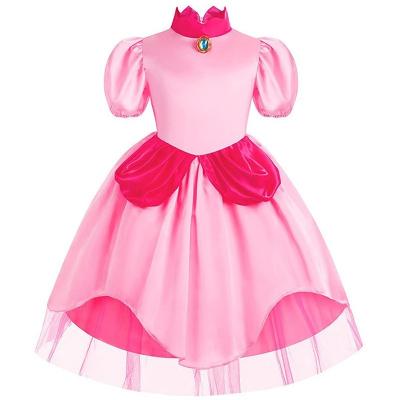 China Breathable Wholesale Children's Princess Peach Dress Super Mario Peach Girls Halloween Costume Cosplay Dress Short Sleeve factory