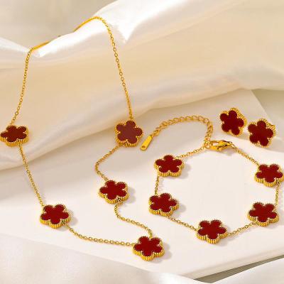 China High Quality 13mm 15mm Four Leaf Clover Jewelry Set Stainless Steel Green Red White Black 18K Gold Jewelry Clover Sets for sale