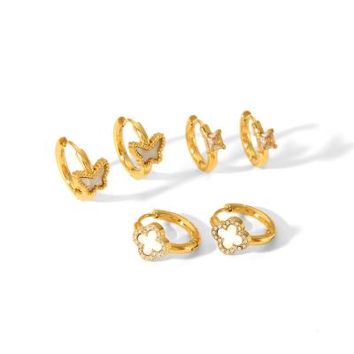 China Popular Clover Charm Hoop Earrings Earrings Stainless Steel 18K Gold Butterfly Four Leaf Clover Hoop Earrings for sale