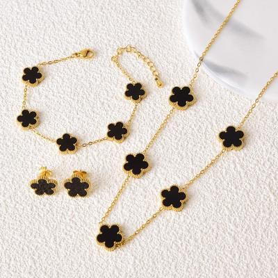 China Factory Four Leaf Clover Necklace Bracelet Earrings 18K Real Gold Stainless Steel Four Leaf Clover Jewelry Set for sale