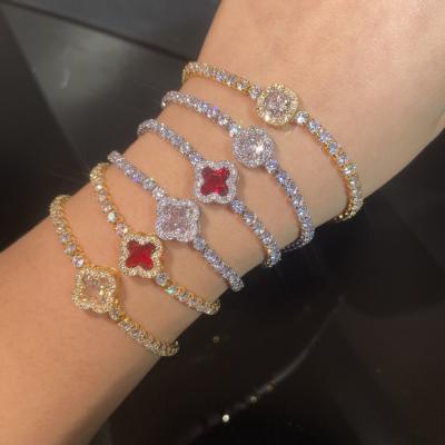 China Fashion Lucky Four Leaf Clover Tennis Bracelet Red Gold Silver Red Moissanite Clover Tennis Bracelet for sale