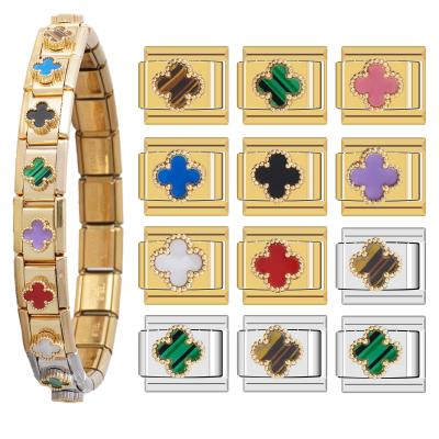 Cina Clover Charm Braccialetto Italiano Link Acciaio Inossidabile Incantesimi Dorati Braccialetto Fiore Incantesimi Italiani in vendita