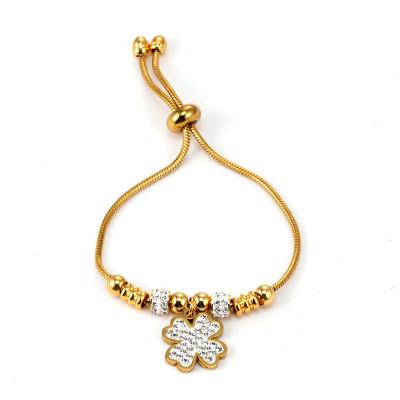 China High Quality Exquisite Diamond Zircon 18k Gold Four Leaf Clover Bracelet Stainless Steel Adjustable Women's Jewelry for sale