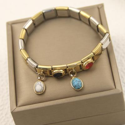 China Evil Eye Nature Stone Elastic Bracelet with Detachable Rhinestone Italian Charms Accessory Clover Bracelet for sale