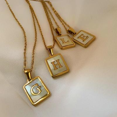China JDN201003 Fashion Necklace 2021 Trendy Stainless Steel Letter Initial Necklace for Women White Rectangle Shell Alphabet for sale