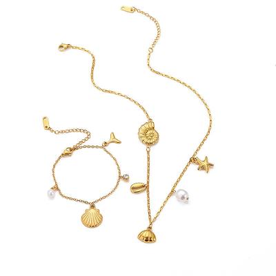 China Fashion Waterproof Sea Beach Jewelry Women Stainless Steel Gold Sea Shell Beach Bracelet Necklace Jewelry for sale