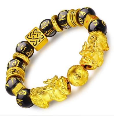 China Good Luck Gold Wealth Jewelry Black Buddha Obsidian Beads Feng Shui Mantra Wealth Double Pixiu Proverb Bracelet for sale