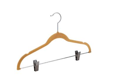 China 41.5cm  plastic beige  flocked  suit  hanger with Metal clips Non-slip space saver for sale