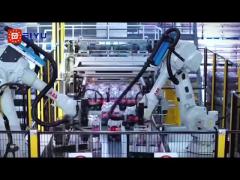 Volledig automatische hogesnelheid koolzuurhoudende drank Eenkolom palletizer voor Coca-Cola-productielijn met marshaling station voor palletizing