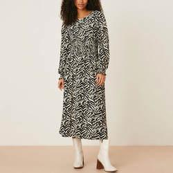 Ladies Elastic Waist Dress for Women Clothing Manufacturers Elegant Custom Logo Zebra Print Long Sleeve Dresses