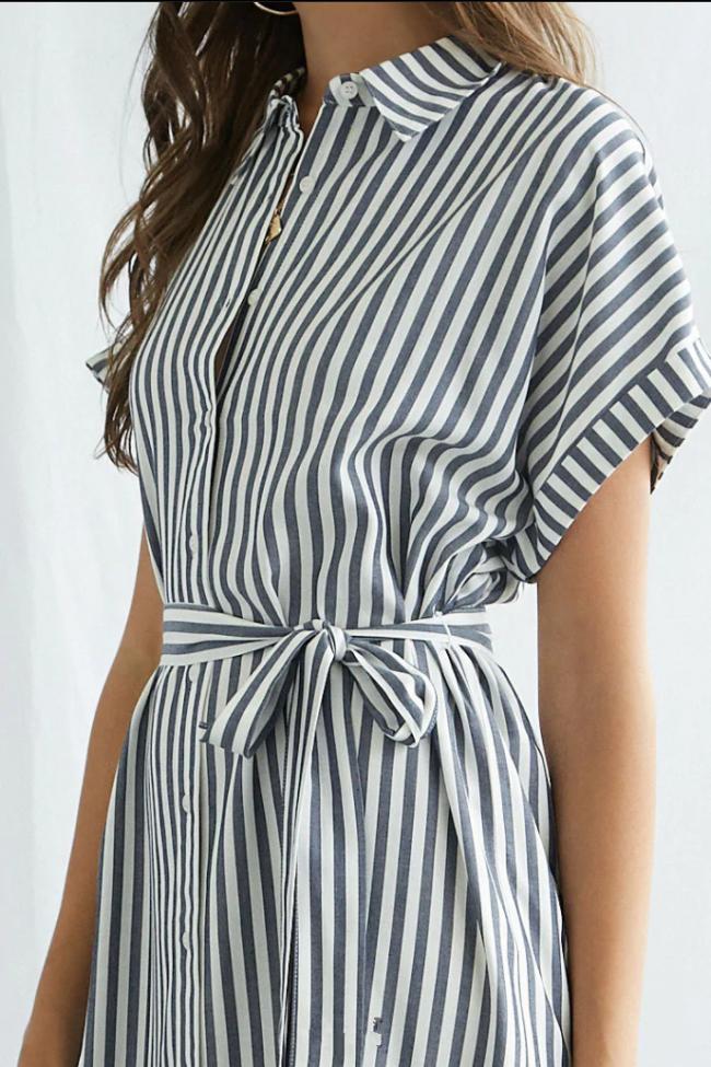 2023wish European and American Foreign Trade Cross-Border E-Commerce Hot Short Sleeve Shirt Collar Lace-up Striped Printed Dress