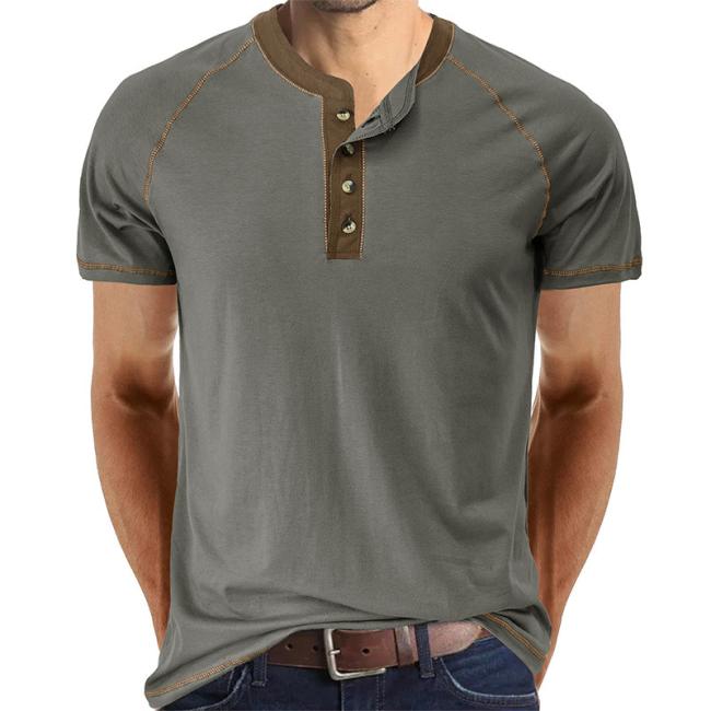2023 Summer Europe and America Men&prime;s Short-Sleeved Men&prime;s T-Shirt Foreign Trade Men&prime;s Henry Shirt Amazon Match Color T-Shirt Men