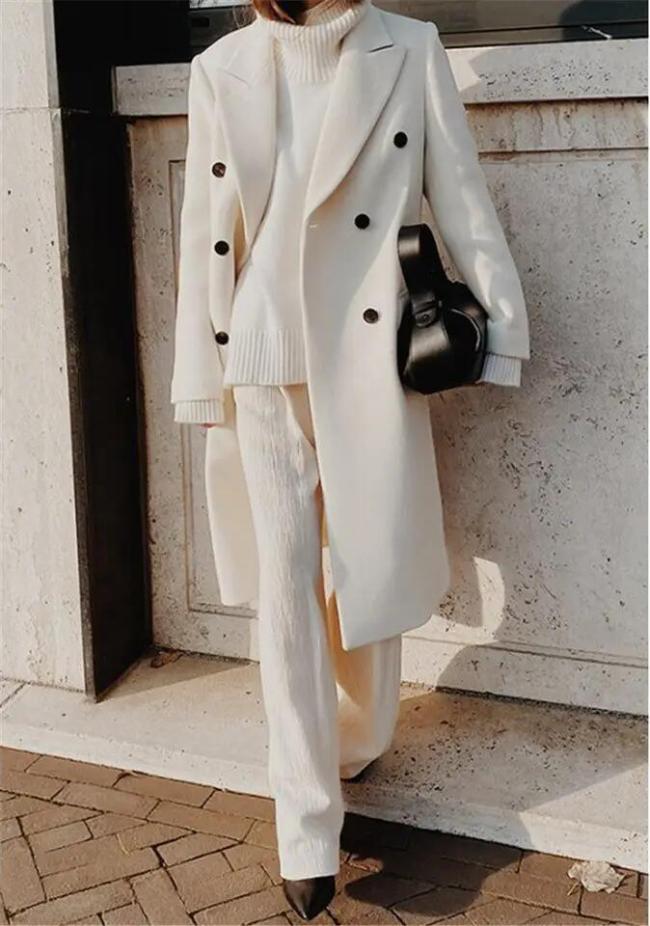 Trendy Winter Ladies Solid Color Long Jackets Casual Plus Size MIDI Cardigans Buttons MIDI Suit Fashion Wool Coats for Womens