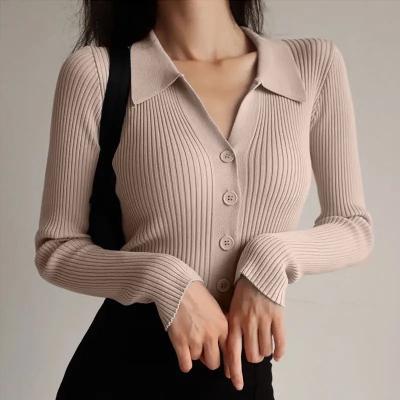 China 2023 Lapel Slim Top Women&prime;s Hollowed out Button Sexy V-Neck Long-Sleeved Polo Neck Knitted Cardigan Sweater Women&prime;s for sale