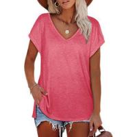 China Women Solid Color Split V-Neck Ladies Short Sleeve Comfortable for sale