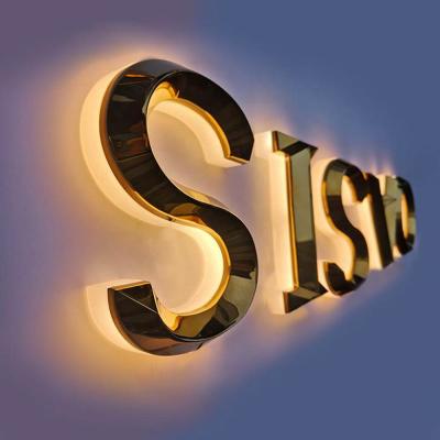 China HS Custom Titanium Gold Plating LED Backlit Letter Company Office Logo Indoor/Outdoor Shop 3D Stainless Steel Metal Letter Signs for sale