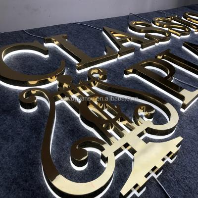 China HONGSEN Custom Sign Golden Stainless Steel Illuminated Metal Mirror Finish Led Sign Laser Cut Metal Polished Backlit Letter Sign for sale