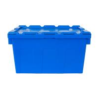 China Solid Box Heavy Duty Plastic Crate with Attached Lid Nestable Stackable Tote Moving Crate for sale