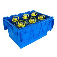 China Solid Box Heavy Duty Plastic Crate with Attached Lid Nestable Stackable Tote Moving Crate for sale