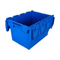 China Solid Box Heavy Duty Plastic Crate with Attached Lid Nestable Stackable Tote Moving Crate for sale