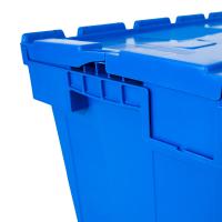 China Solid Box Heavy Duty Plastic Crate with Attached Lid Nestable Stackable Tote Moving Crate for sale