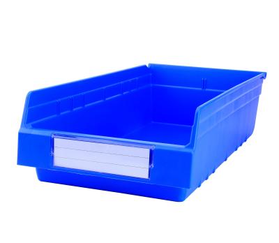 China Gepersonaliseerd logo magazijn opslag Plastic Solid Box Market Display Racking Bins Stapelbare Plastic Shelf Bin Te koop