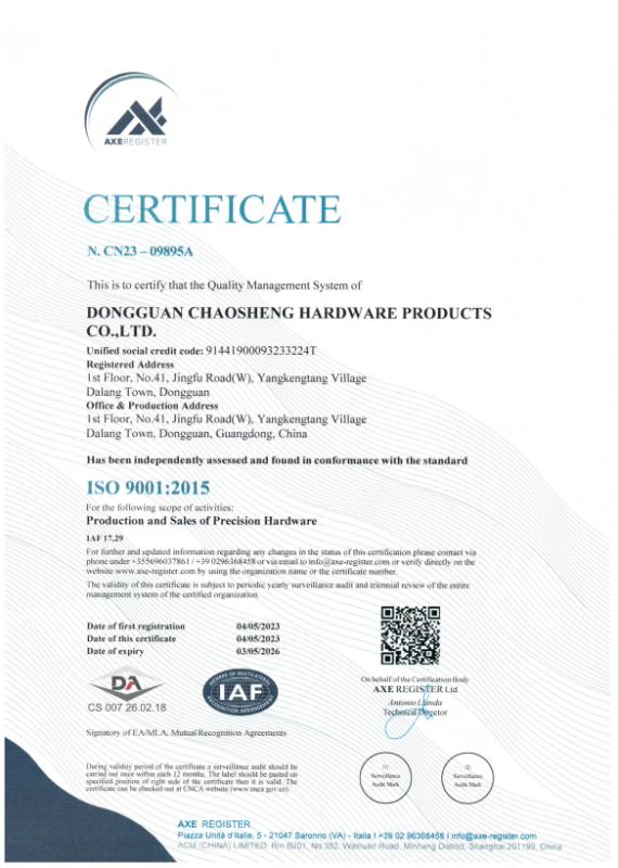 ISO 9001:2015 - Dongguan Chaosheng Hardware Products Co., Ltd.