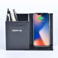 China Custom LED Logo Wireless Charging Pen Holder 10W Fast Charging Multipurpose Leather Desk Organizer for sale