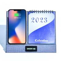 China 2024 Creative Wireless Charging Desk Calendar PU Leather 10W Custom LED Logo for sale
