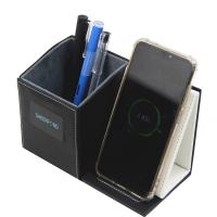 China Custom LED Logo Wireless Charger Pen Holder 10W Type C Desk Storage Organizer Leather for sale