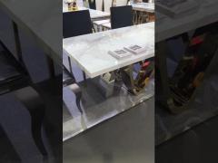 Luxo sob medida de aço inoxidável pedestal de mármore falso mesa de jantar para uso doméstico e comercial