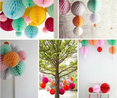 China Wedding Decoration Coloured Hanging Light Joyous Paper Honeycomb Balls for sale