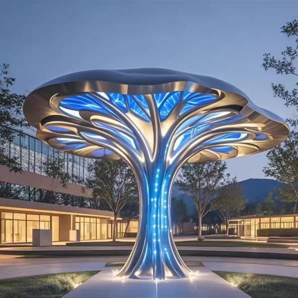 Quality Stainless Steel Modern Outdoor Art Tree Sculpture LED Illuminated With Glowing Canopy for sale
