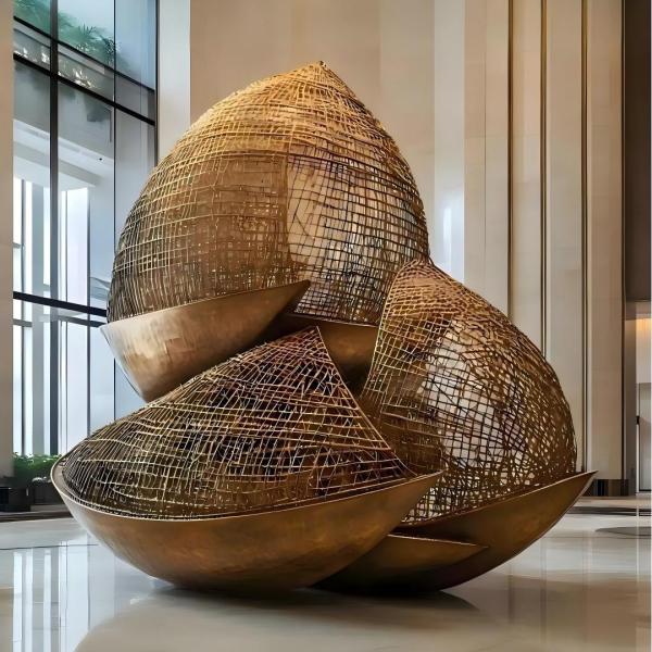 Quality Golden Woven-Mesh Egg Sculptures with Boat Accent-Stainless Steel Mascot Art Installation for Luxury Interiors for sale