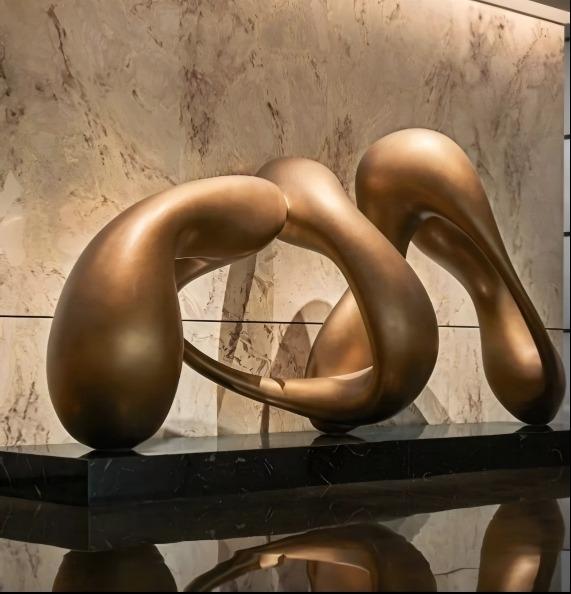 Quality Dynamic Fluid Gold Metal Sculpture Handcrafted Abstract Art For Garden Hotel Lobby for sale