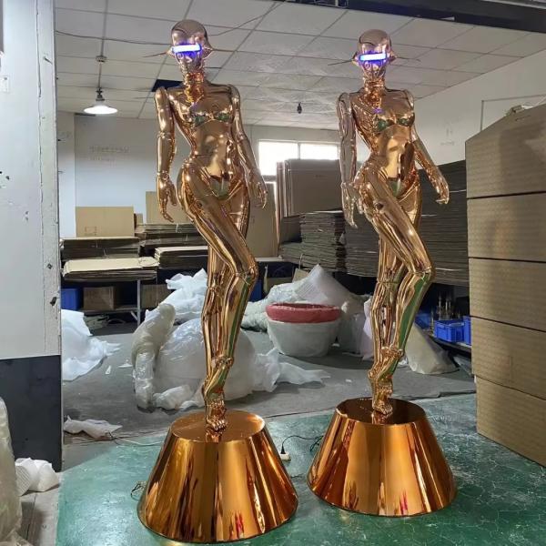 Quality Dynamic Sculpture designed as a cyberpunk robot with glowing purple LED head and blue arm strips creating viral bar photo opportunities for sale