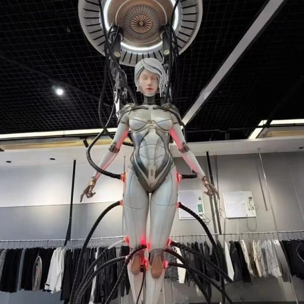 Quality Custom Retail Shopping Mall Lobby LED Orbit Ring Installation Chrome Display Steel Acrylic Cyber Angel Robot Female Mascot for sale