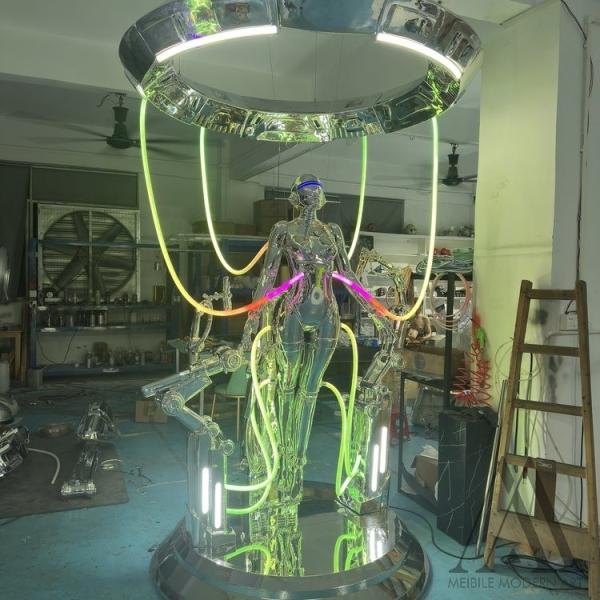 Quality Hotel Lobby Stage Event Decor RGB Lighting Fiberglass Futuristic Mecha Muse Artpiece Cyber Girl Kinetic Art Installation for sale
