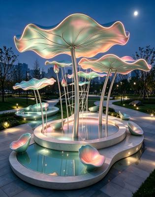 China Giant Lotus Leaf Water Feature Sculpture with Fiberglass Reinforced Plastic, RGB DMX 512 Lighting, and Stainless Steel Support for sale
