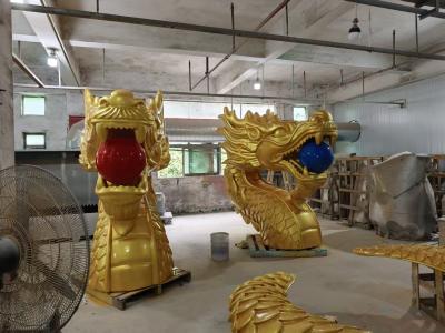 China Custom Fiberglass Golden Dragon Head Sculpture with Smoke-Jet Function and RGB DMX 512 Lighting for Commercial Display for sale