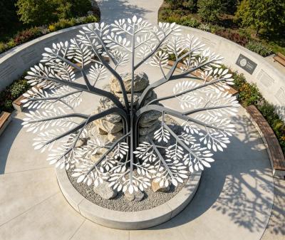 China Stainless Steel Tree Sculpture with FRP Imitation Stone Stack Memorial Art Installation 3.5M High for sale
