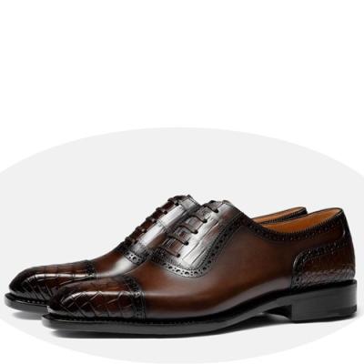 China Three-Joint Men's Leather Shoes Business Leather High-End Men's Shoes British Style Brown Brogue Oxford Shoes Crocodile for sale