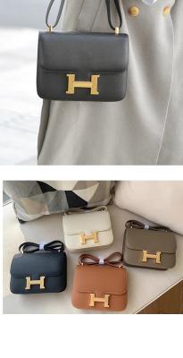China Palm Grain Cowhide Kangkang Bag Women's Leather H Buckle Stewardess Bag Shoulder Small Square Bag Oblique Cross Tofu for sale
