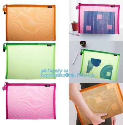 China OEM mesh plastic A4 file bag with zipper, net netting document bag pouch, customized PEVA coated net polyester fabric fo for sale