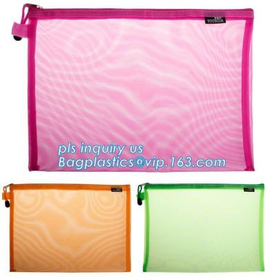 China OEM mesh plastic A4 file bag with zipper, net netting document bag pouch, customized PEVA coated net polyester fabric fo for sale