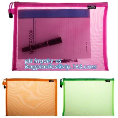 China OEM mesh plastic A4 file bag with zipper, net netting document bag pouch, customized PEVA coated net polyester fabric fo for sale