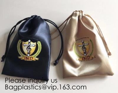 China Full Color Printing Gold and Black Satin Drawstring Bag, Silver Satin Drawstring Bag With Wide Ribbon,Virgin Hair pack for sale