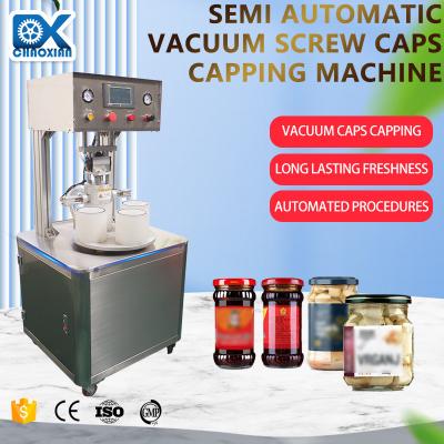 China Hot Spice Sauce Bottle Screw Cap Tinplate Lid Sealing System Semi Automatic Vacuum Capping Machine for sale